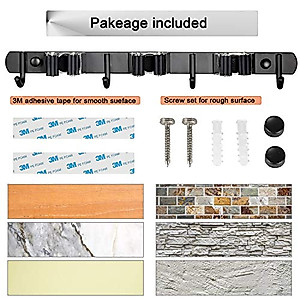 Goowin Broom Holder Wall Mount, Broom Holder, Heavy Duty Stainless Steel Broom and Mop Holder Wall Mounted with 3 Racks 4 Hooks for Bathroom Kitchen Office (Black)