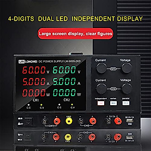 Lwlongwei 4 Channels DC Power Supply Variable, Tripple 60V 5A 2 * 300W Adjustable Switching Regulated DC Bench Power Supply with 4-Digits LED Power Display 5V/2A USB/DC Output Black