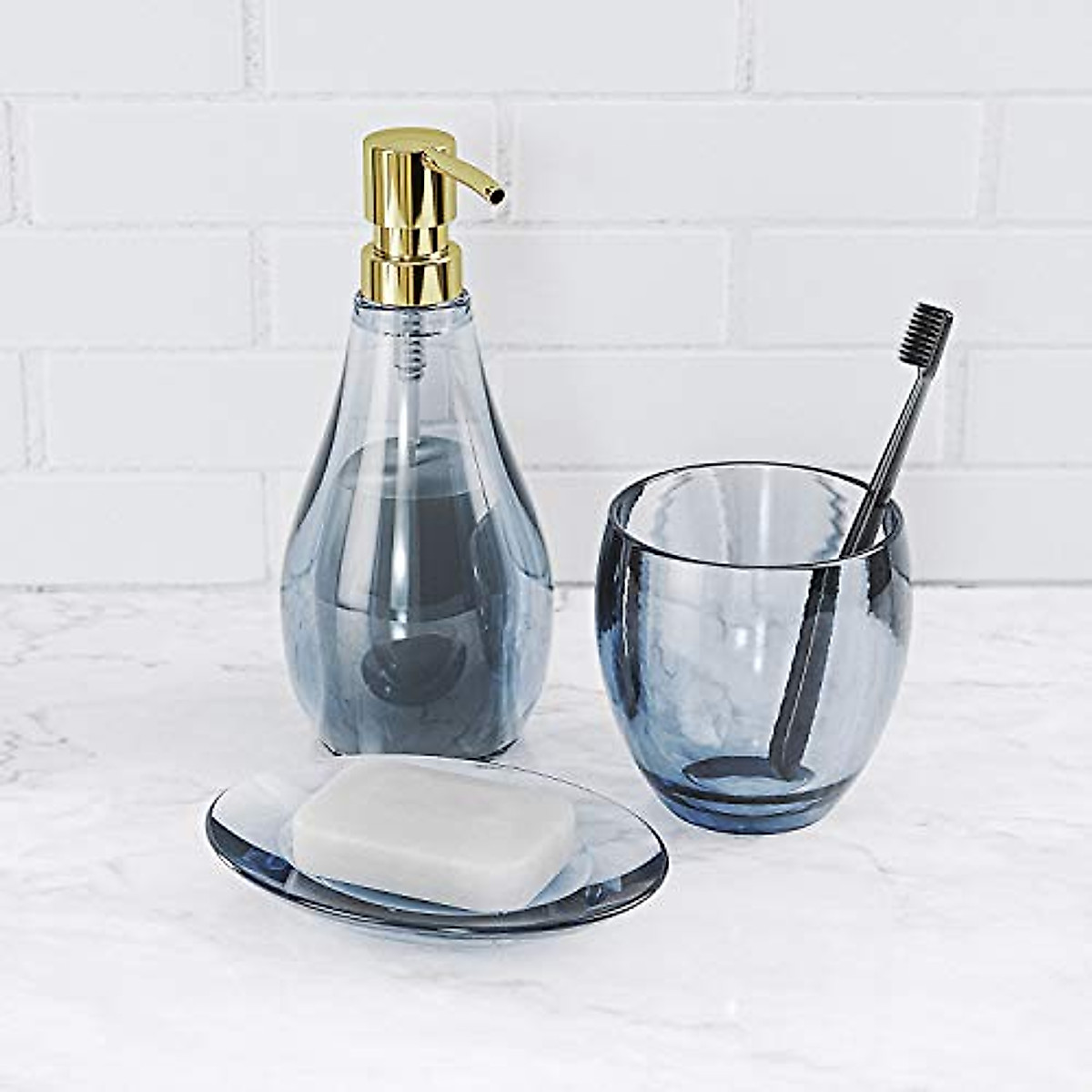 Umbra Droplet, Clear Pump Dispenser-Modern Heavy-Duty Refillable 10-Ounce Soap Container for Bathroom-Perfectly Nested in Amenity Tray, Can Be Placed On Countertop, Sink in Bath, Denim