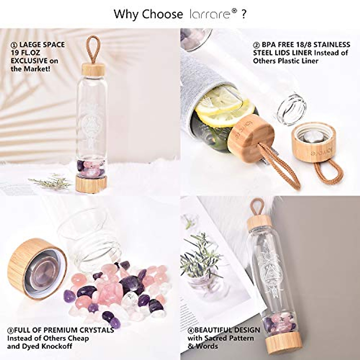 Larrare Crystal Water Bottles 19oz Large Crystal Elixir Infused Water Bottle with Changeable Crystals | Gem Water Bottle with Sacred Pattern and Words (Amethyst, Rose Quartz, Clear Quartz)