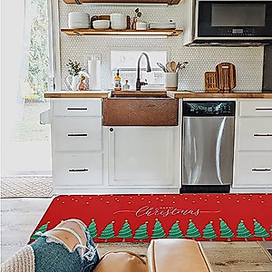 Libaoge Merry Christmas Kitchen Mat Rug 1 PCS Red Green Xmas Tree Yellow Stars Runner Rug Anti-Fatigue Comfort Memory Foam Standing Mat Non-Slip Floor Door Mat for Bathroom Bedroom 20x63in