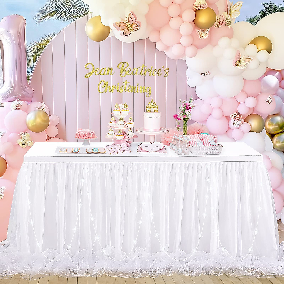 Tulle Table Skirt for Rectangle or Round Tables with LED Lights 9ft White Tutu Table Skirt for Wedding Bridal Shower Birthday Party Decorations