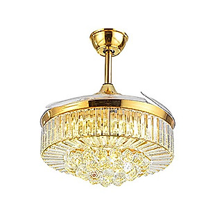 OUKANING Modern Dimmable Crystal Ceiling Fan with Lights and Remote Invisible Retractable Chandelier Fan Light LED Ceiling Light （36 inch） (Golden)
