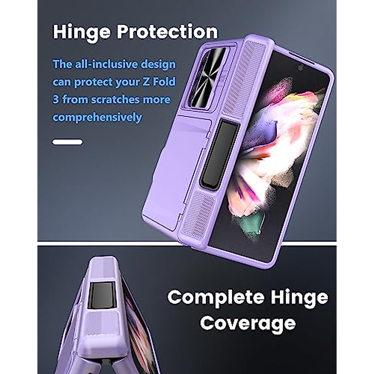 Viaotaily for Galaxy Z Fold 3 Case with Kickstand & Hinge Protection & Screen Protector, Built-in Credit Card Holder & Sliding Camera Lens Cover, Sturdy Wallet Phone Case for Samsung Z Fold 3, Purple