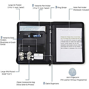 OOWOLF Padfolio Portfolio Folder, PU Leather Professional with Round Ring Binder 8.5 x 11 Inch Writing Pad Tablet Sleeve Interview Resume Document Organizer Business Card Holder Zippered Closure