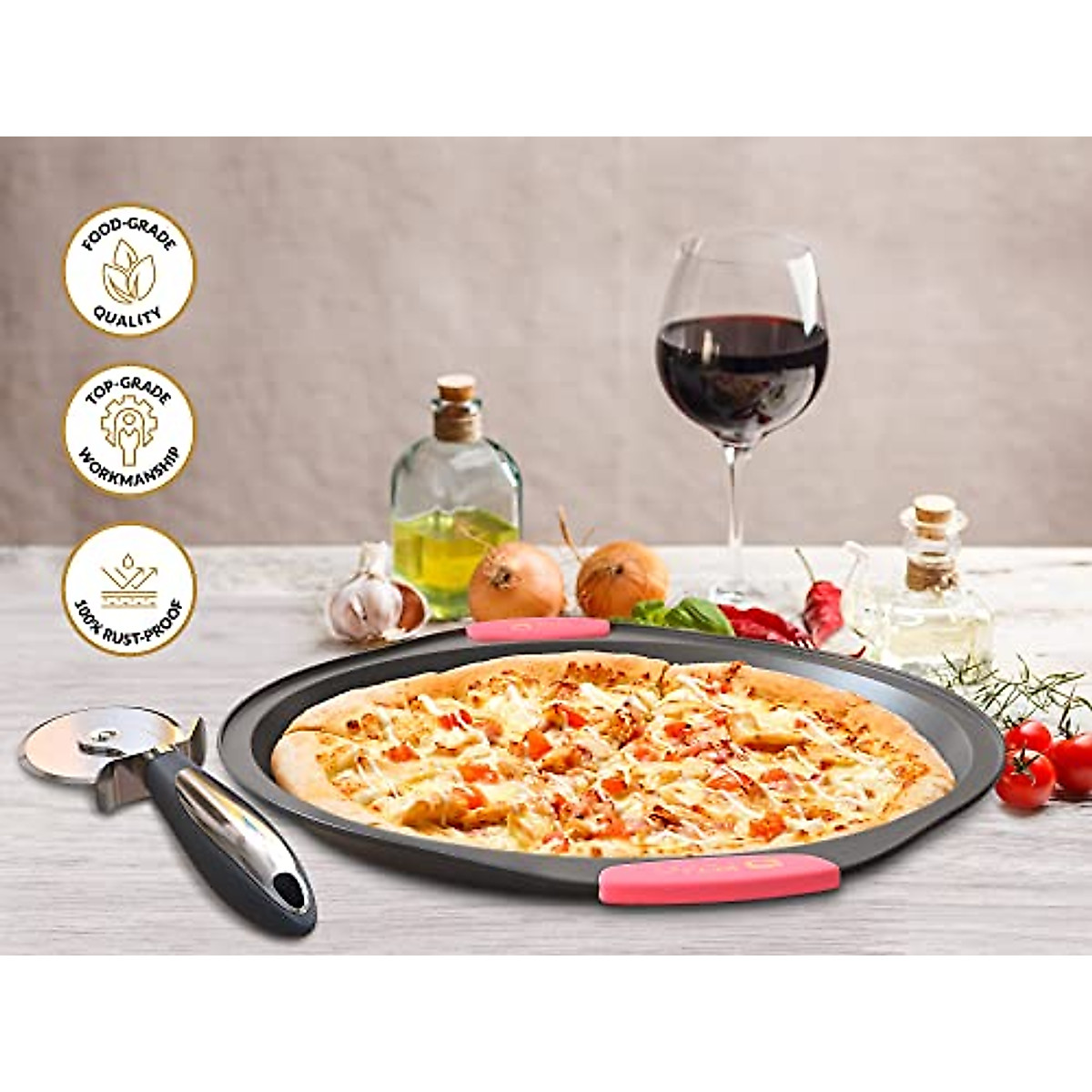 Bella Cooks Pizza Pan for Oven (Set of 2 Pizza Pans) 15″ Pizza Pan with Holes - Non-Stick & Dishwasher Safe - Pizza Tray for Oven - Incl. Pizza Cu