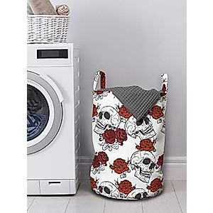 Ambesonne Skull Laundry Bag, Retro Gothic Dead Head Skeleton with Roses Halloween Theme Spooky Trippy Romantic, Hamper Basket with Handles Drawstring Closure for Laundromats, 13" x 19", Grey