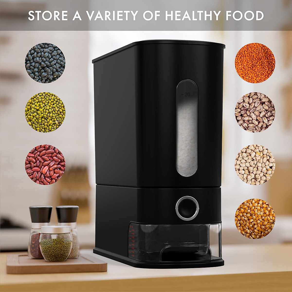 Retail Blade Rice Dispenser - 26.5 lbs Rice Storage Container with Measuring Cup, Rice Scoop & Sponge – Large Cereal Grain Bucket with Scale for Kitchen Pantry Organization, BPA-free, Airtight (Black)