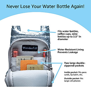 WanderFull Crossbody HydroBag | Quilted Water Bottle Carrier & Strap | Stylish Puffer Tote for Water Bottle | Silver Metallic & Interchangeable Striped Strap