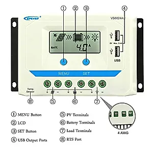 EPEVER 60A Solar Charge Controller 12V/24V, 60 amp Solar Regulator with Load Timer, Max 720W/12V, 1440W/24V Input, Dual USB 5V, fit for Lead-Acid Batteries