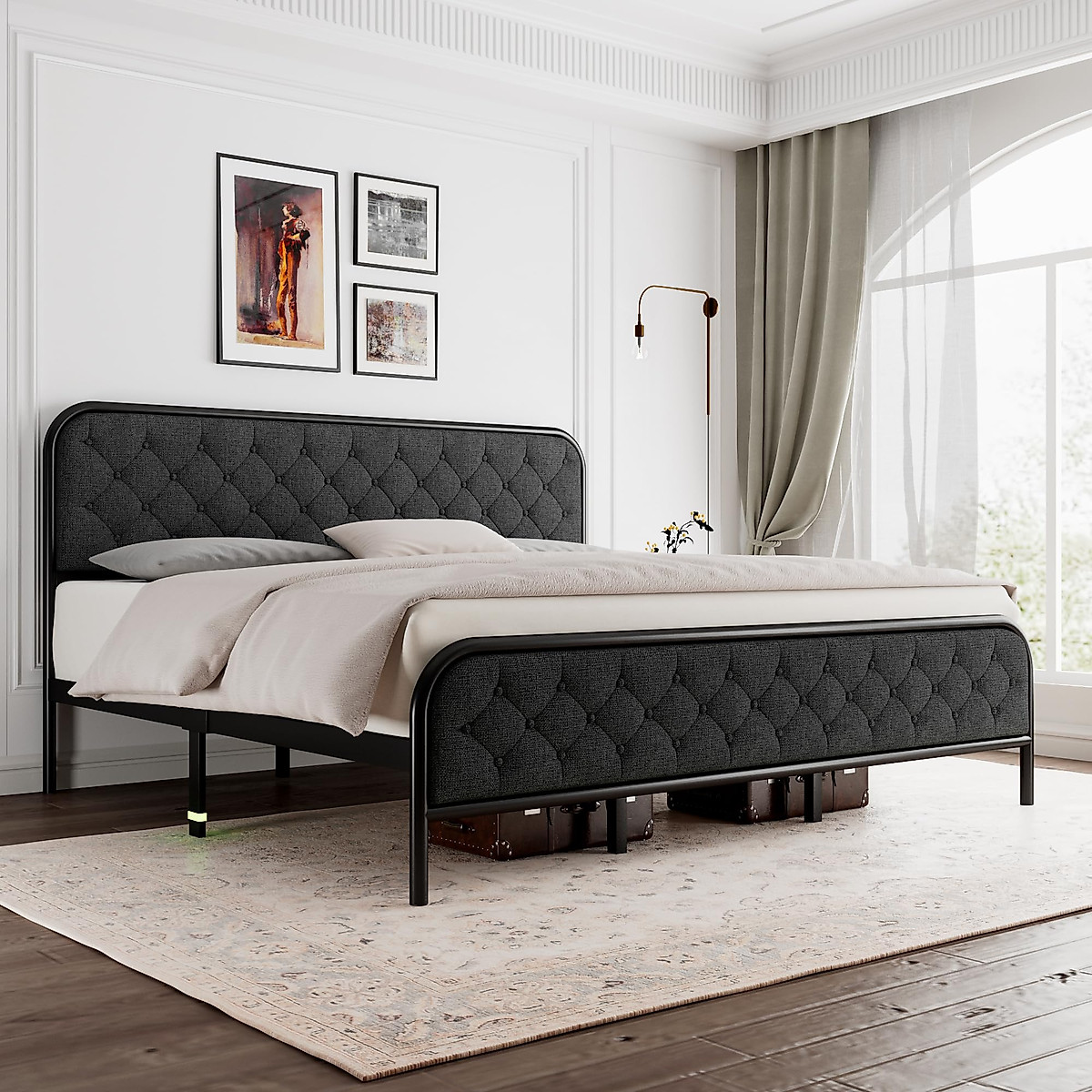 Feonase King Size Bed Frame with Linen Upholstered Headboard, Heavy Duty Metal Platform Bed with 12" Under-Bed Storage Space, No Box Spring Required, Easy to Assemble, Gray