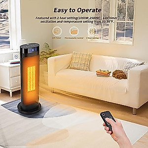 Uthfy Space Heater, 22" Portable Electric Heater with Remote, Thermostat, 12H Timer, Overheating & Tip-Over Protection, Osicllating Ceramic Tower Room Heater for Bedroom, Office, Bathroom, Indoor Use
