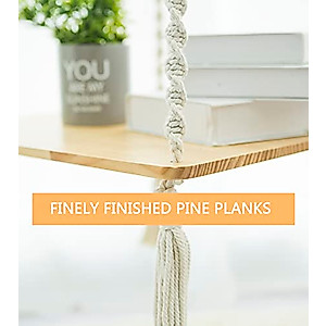 Amdermi Macrame Hanging Shelf Hanging Rope Shelf Indoor with Boho Lamp Shade Floating Square Shelves Decorative Shelf Table Holder Planter Display Rack Boho Home Decor. Ceiling Mount Rope Shelf