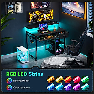AODK Gaming Desk with LED Lights & Power Outlet, 40 Inch Small Computer Desk with Keyboard Tray, Office Desk with Drawer, Reversible Desk with Adjustable Monitor Shelf and Storage Shelf, Black