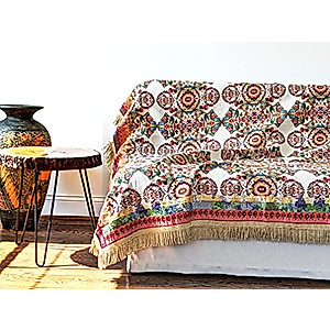 Tache Elegant Ornate Ivory Colorful Paisley Square Tapestry Table Cloth with Tassels, 35x35