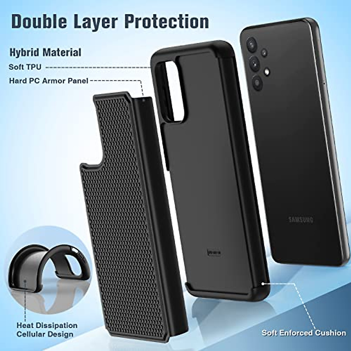 JXVM for Samsung Galaxy A32 5G Case: Dual Layer Protective Heavy Duty Cell Phone Cover Shockproof Rugged with Non Slip Textured Back - Military Protection Bumper Tough - 6.5inch (Matte Black)