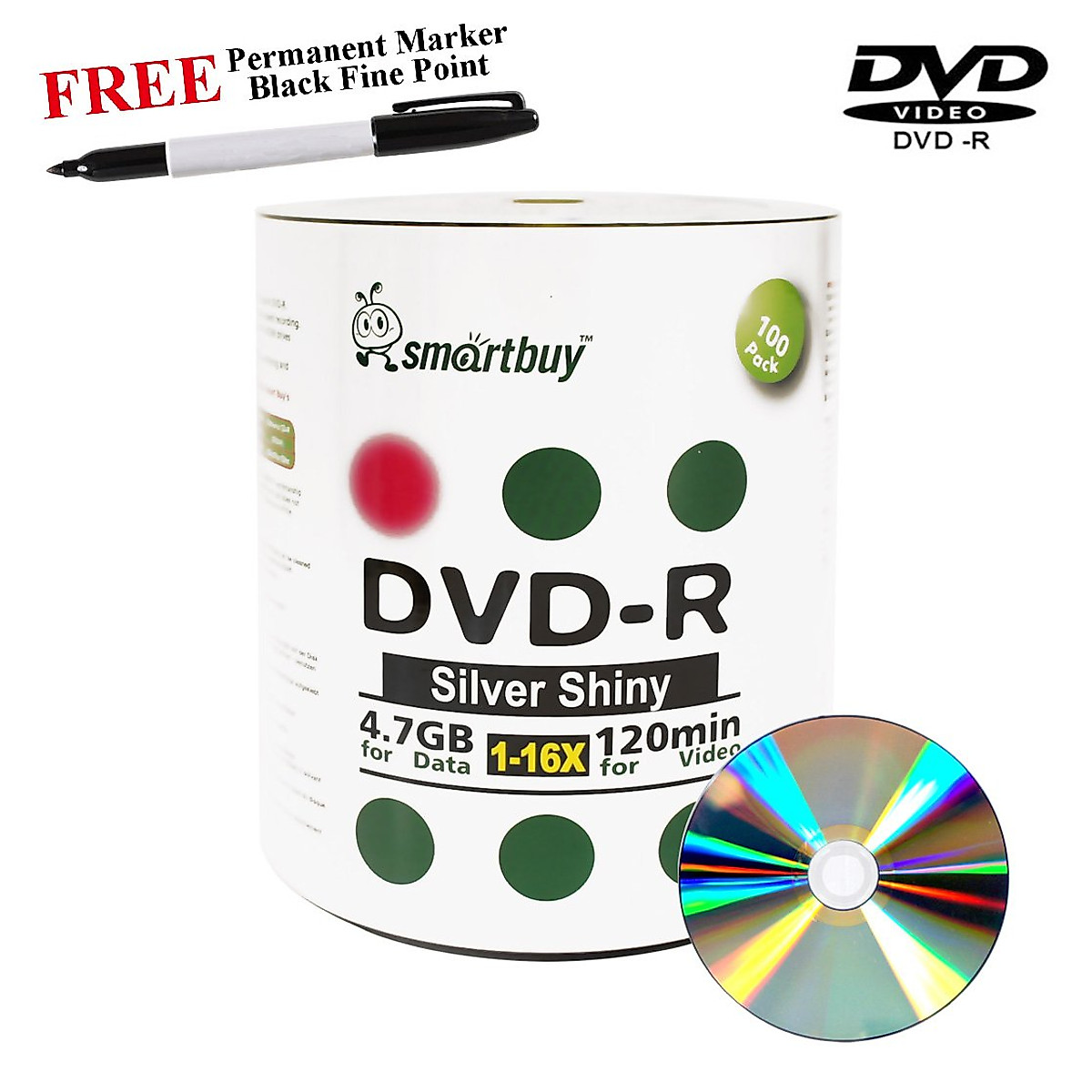 Smartbuy 100-disc 4.7GB/120min 16x DVD-R Shiny Silver Blank Media Record Disc + Black Permanent Marker