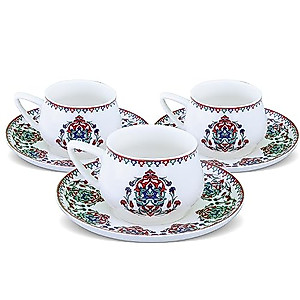 KARACA Nakkas Espresso Cup and Saucer Set for 6 People, 90 ml 3 oz Turkish Coffee Cups with Saucers, 12 Pieces, Mocha & Cappuccino Cups Made of Porcelain, Traditional Turkish Pattern, Dishwasher Safe