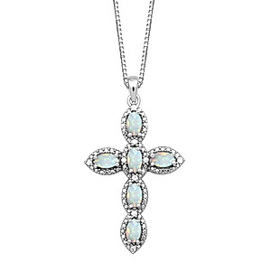Jewelili Cross Pendant Necklace in Sterling Silver with Oval Shape Created Opal and Round Created White Sapphire, 18” Box Chain