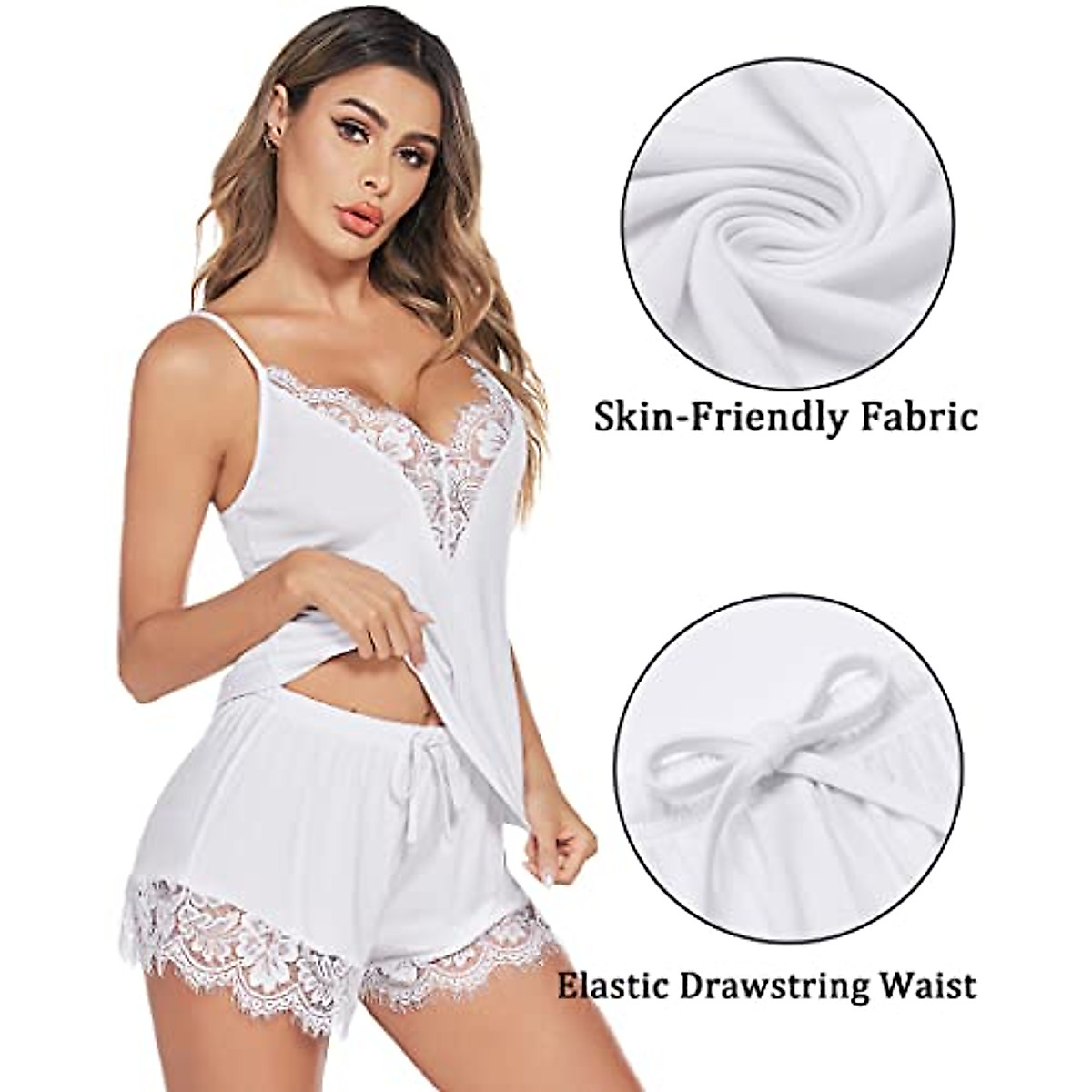 Avidlove Cami Pajama Set Sexy Lingerie Sleepwear Set Modal Lace Pj Short Sets for Women Summer Pjs (White,M)