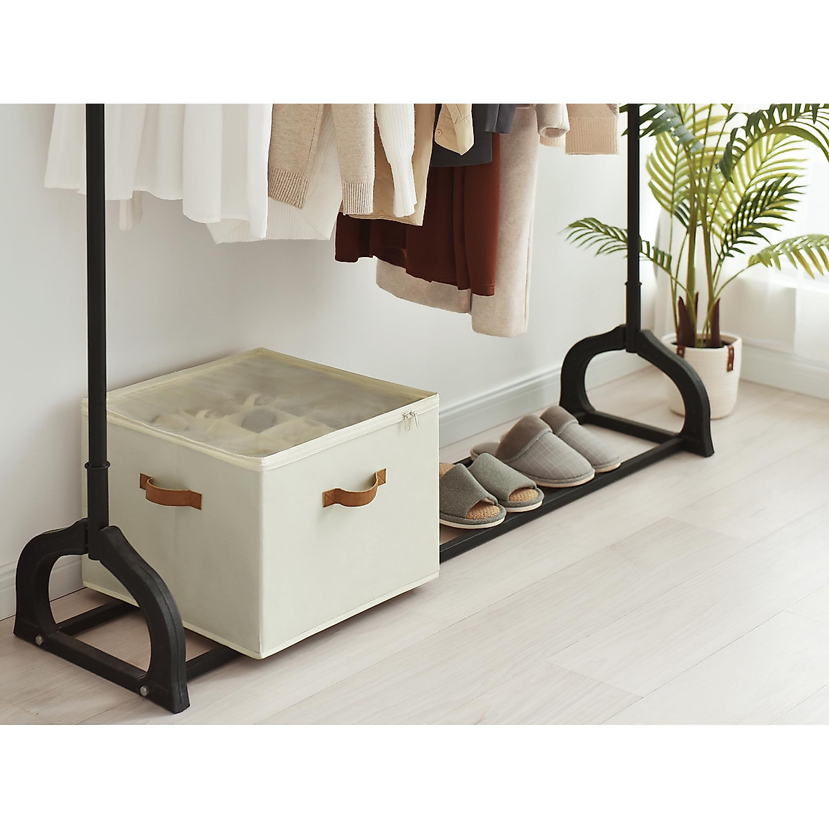 StorageWorks Storage Box for Shoes, Shoe Storage Bin with Handles and Fixed Dividers, Space-Saving Shoe Storage Organizer, Closet Cube Shoe Storage Box, Beige, 1-Pack