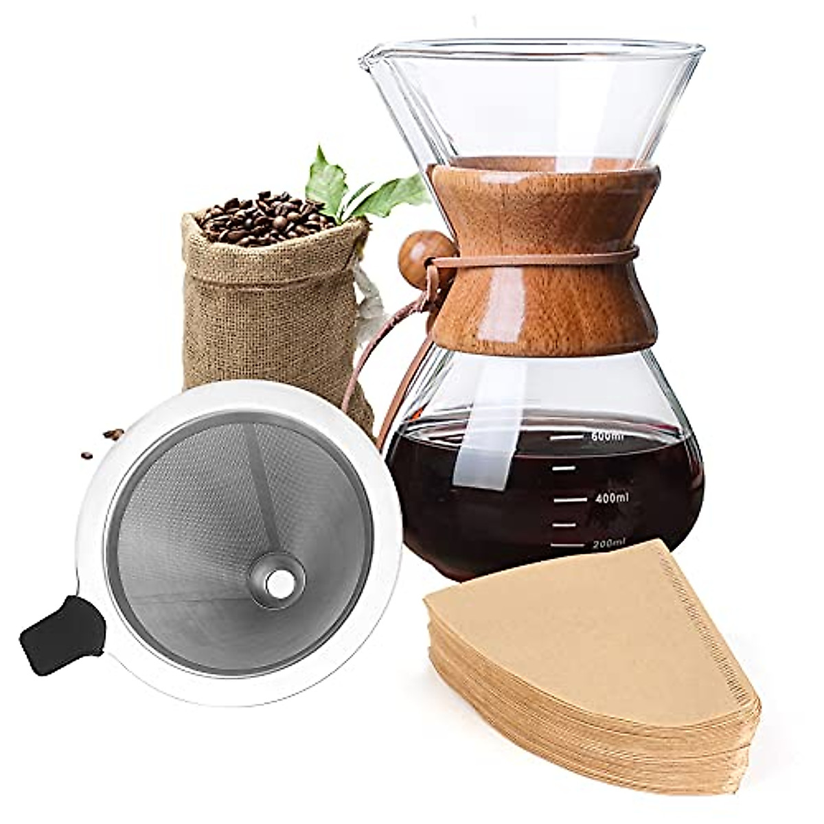 BicycleStore Pour Over Coffee Maker, Paperless Glass Carafe with 100 Filter Paper Reusable Glass Coffee Pot Manual Dripper Brewer Hand Drip with Stainless Steel Filter for Home Travel (14 oz/400 ml)