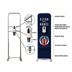 BannerBuzz Touch-Free Dispenser Floor Stand Kit Touchless Machine with Clean Your Hands Fabric Banner Stand Best for Hospital, Home, School, Office- 2 X 6.5 Ft (Double Side Print, Theme: 3)