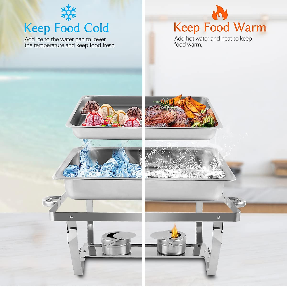 Snowtaros 4 Pack 8QT Chafing Dish Buffet Set, Stainless Steel Food Warmer Set, Rectangular Buffet Server with Tongs & Spoons for Parties, Catering, Banquets, Events (2 Full Size + 2 Half Size)