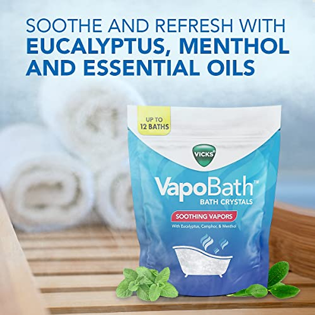 Vicks VapoBath, Bath Salts, Bath Bomb, Non-Medicated Bath Crystals, Comforting Vicks Vapors, Vapor Bath, Aromatherapy with Eucalyptus and Menthol Scent, Contains Essential Oils, 36 OZ