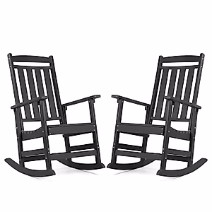FOOWIN Outdoor Rocking Chair Set of 2, High Back Patio Rocking Chair, HDPE All Weather Resistant Porch Rocker for Adult, Oversized Rocking Chairs for Garden, Lawn, Indoor & Outdoor Use, Black