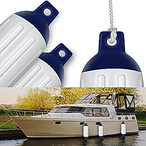 VEITHI Boat Fenders 4Pack, Ribbed Twin Eyes Vinyl Boat Fender Bumpers, Boat Bumpers for Docking Come with Ropes Needles and Pump to Inflate, Bumpers of Boats 8.5 x 27 inch White/Blue