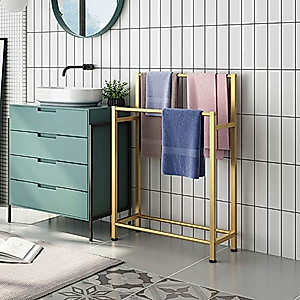 Free Standing Towel Holder Gold Towel Rack for Bathrooms with 2 Towel Rails Metal Floor Clothes Stand with Rust-Resistant Finish to Hang Towels Clothing and More