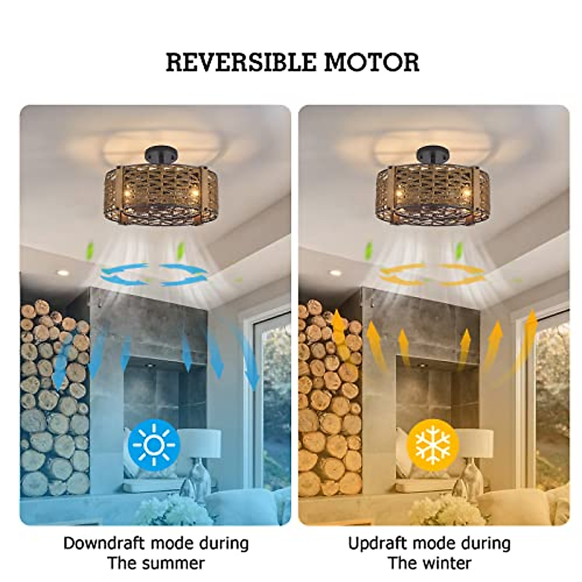 Farmhouse Caged Ceiling Fan with Lights Remote Control, Low Profile Bedroom Ceiling Fans, Industrial 17 Inch Ceiling Fans for Kitchen, Bedroom, Dining Room