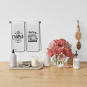 Dibor Happy Camper Funny Camping Kitchen Towels Dish Towels Dishcloth Set of 4,Campsite Cabin RV Decorative Absorbent Drying Cloth Hand Towels Tea Towels for Bathroom Kitchen,Campers Gifts