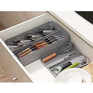 SOMIER 3-in-1 Kitchen Drawer Organizer Flatware Cutlery and Utensil Trays, 2-Tier Knife Holder - 4 Stacked Compartments Silverware Tray - A Removable Divider for Kitchen Gadgets Storage, Gray