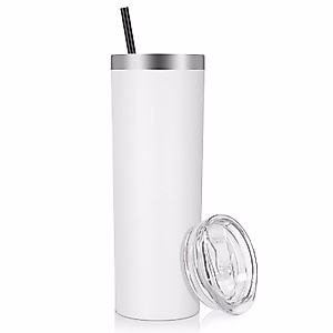 VEGOND Stainless Steel Skinny Tumbler, 20 oz Vacuum Insulated Tumbler with Lid and Straw, Double Wall Coffee Cup, Travel Mug for Cold Hot Drinks, White 1 Pack