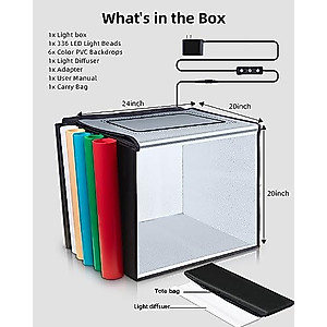 Glendan Light Box Photography, 24" x 20" Professional Photo Studio Light Box, Large Photo Box with 336 High Color Rendering Index LED Lights & 6 Color PVC Backdrops for Product Photography