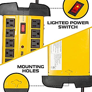10 Outlet Heavy Duty Surge Protector Power Strip - 14/3 SJT Industrial Black and Yellow Metal Surge Suppressor with 15 Foot Long Extension Cord