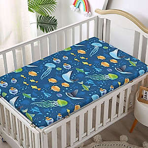Under The Sea Themed Fitted Mini Crib Sheets,Portable Mini Crib Sheets Soft and Breathable Bed Sheets-Baby Crib Sheets for Girl or Boy,24“ x38“,Dark Sky Blue and Multicolor