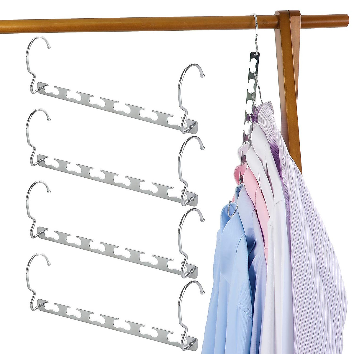 TOPIA HANGER Closet Hangers Space Saving, Heavy Duty Chrome Clothes Hanger Organizer, Multifunctional Hangers for Closet with Wider Wavy Slots and Hooks 4pcs, CT11C