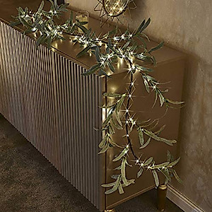 Hairui Lighted Artificial Olive Garland 6FT 96 LED Fairy Lights Battery Operated, Faux Vine Lights with Timer for Spring Christmas Holiday Fireplace Décor