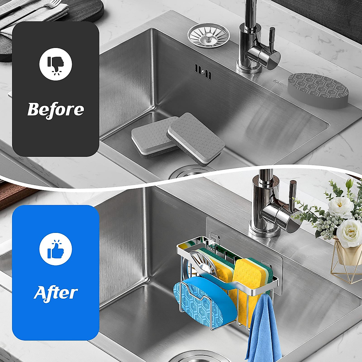 MURLONG Sink Caddy Sponge Holder for Kitchen Sink, Kitchen Sink Organizer 304 Stainless Steel for Dish Brush, Sponge, Soap Scrubber, Sink Stopper with Adhesive 2 Installation Ways-Silver