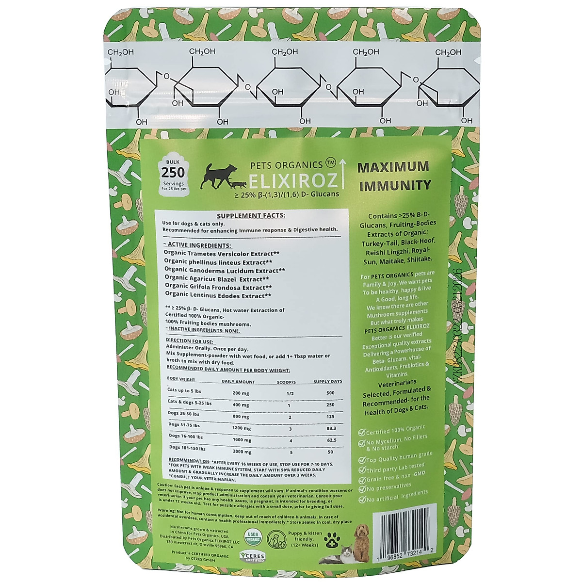 MAXIMUM IMMUNITY >25% β-glucan 100% Mushrooms Fruiting Body Extracts, Veterinarians formulation for Dogs & Cats Immune & Digestive Systems with Turkey tail & >35% β-glucan Reishi extracts.250 SERVINGS