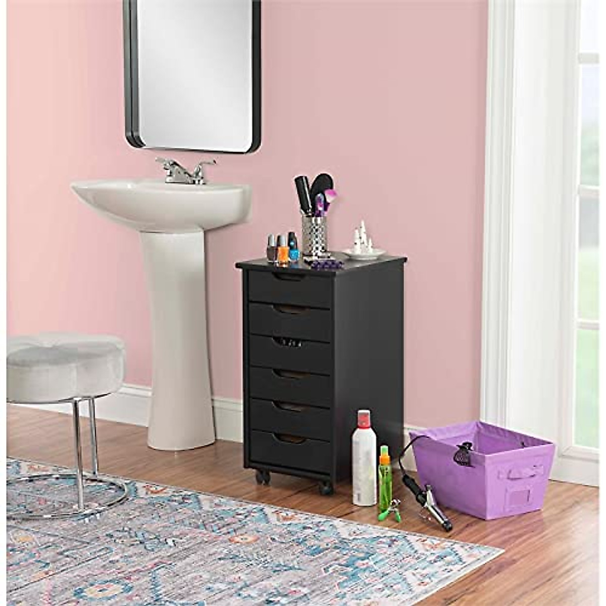 Pemberly Row Mid Century Six Drawer Wood Rolling Storage Cart in Black