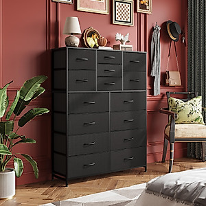 WLIVE Tall Black Dresser for Bedroom Furniture, Fabric Dressers Storage Tower with 15 Deep Drawers, Dresser for Closet, Hallway, Entryway, Office, Storage Tower with Cabinet, Metal Frame, Wooden Top