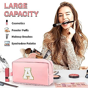 TOPEAST Makeup Bag Set, 4 Pack Initial Cosmetic Bags Chenille Letter Bags Travel Toiletry Bag Waterproof Nylon Makeup Pouch with Handle, Personalized Birthday Gift for Women Girls, Letter A