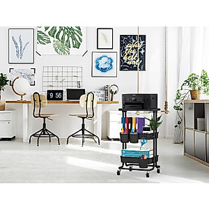 CAXXA 3-Tier Rolling Storage Organizer with Tabletop and 3 Small Baskets - Mobile Utility Cart, Printer Cart, Kitchen Cart (Black)