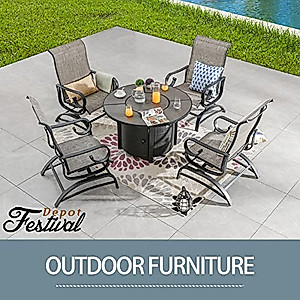 Festival Depot 5Pcs Patio Fire Pit Table Set, Outdoor Furniture Conversation Set, Propane Table and 4 Armchairs with High Textilene Back and Metal Frame for Backyard Porch Lawn Deck Garden (Grey)