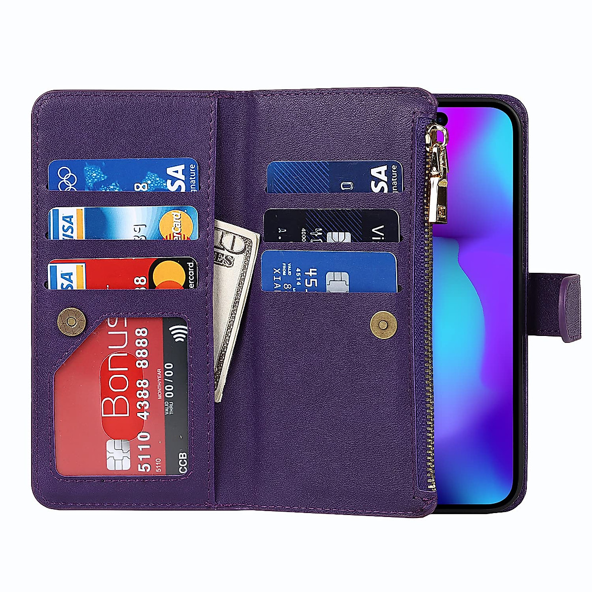 SailorTech Wallet Phone Case Design for iPhone 14 Pro 9 Card Holder 1 Zipper Coin Wallet 2 Cash Slot Kickstand Lanyard Flip Leather Cover Purple