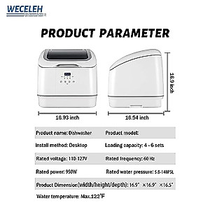 Weceleh Countertop Dishwasher, Portable 6.8L Capacity Small Dishwasher with 7 Programs, 360° Spray Mini Tabletop Dishwasher, 140-160℉ Dishwashers with Hot Air Drying Function, RV Dishwasher, White